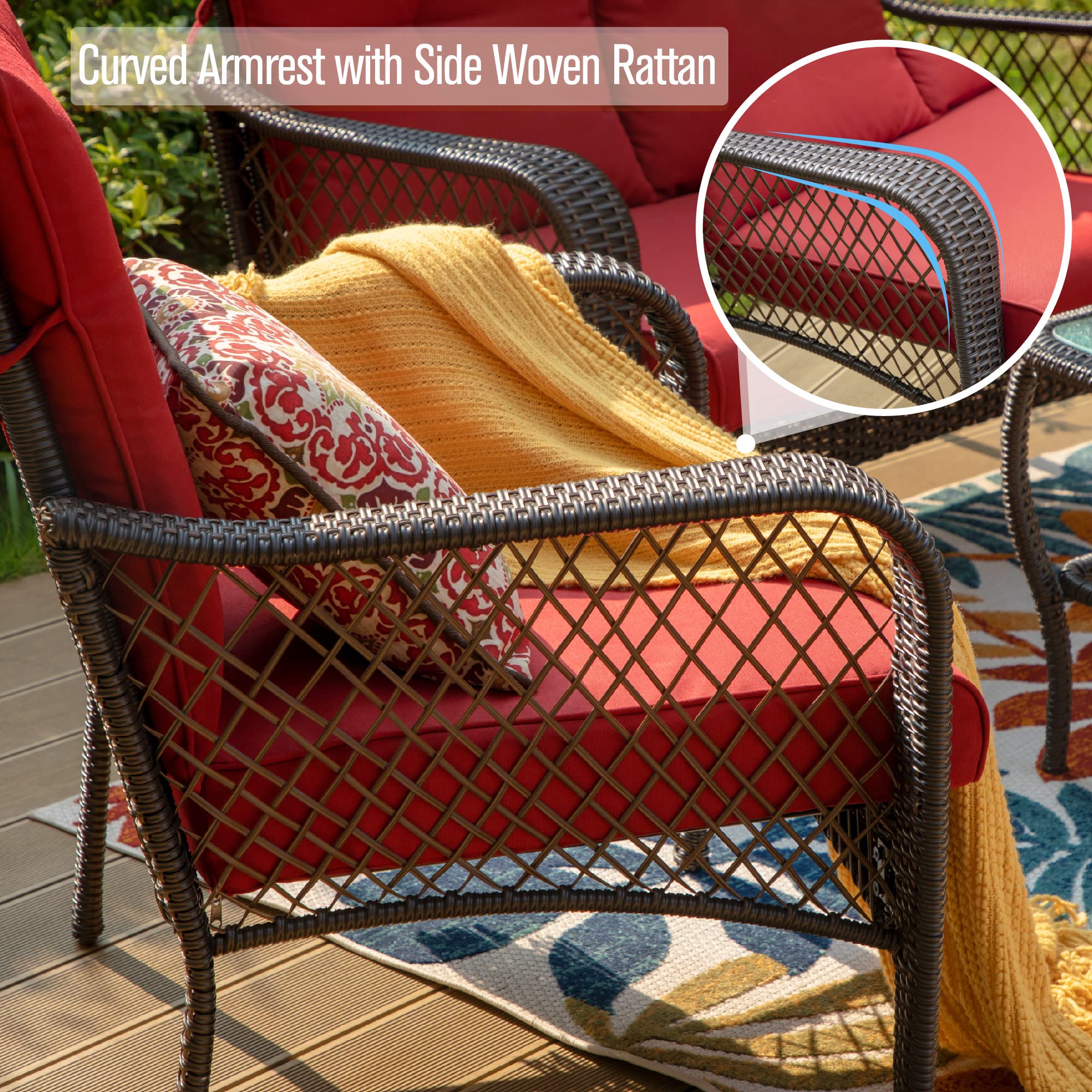 PHI VILLA 4 Piece Outdoor Wicker Patio Furniture Sets Clearance, Patio Wicker Conversation Sets All Weather Rattan Wicker Sofa with Cushions for Garden Lawn Deck, Brown & Red