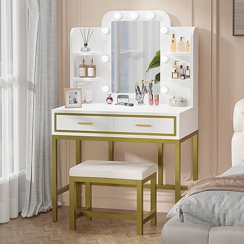 Buytime Vanity Desk with Mirror and Lights, Makeup Vanity Table with 9 LED Lights, 2 Drawers and 4 Storage Shelves, Modern Vanity Set for Bedroom (White)