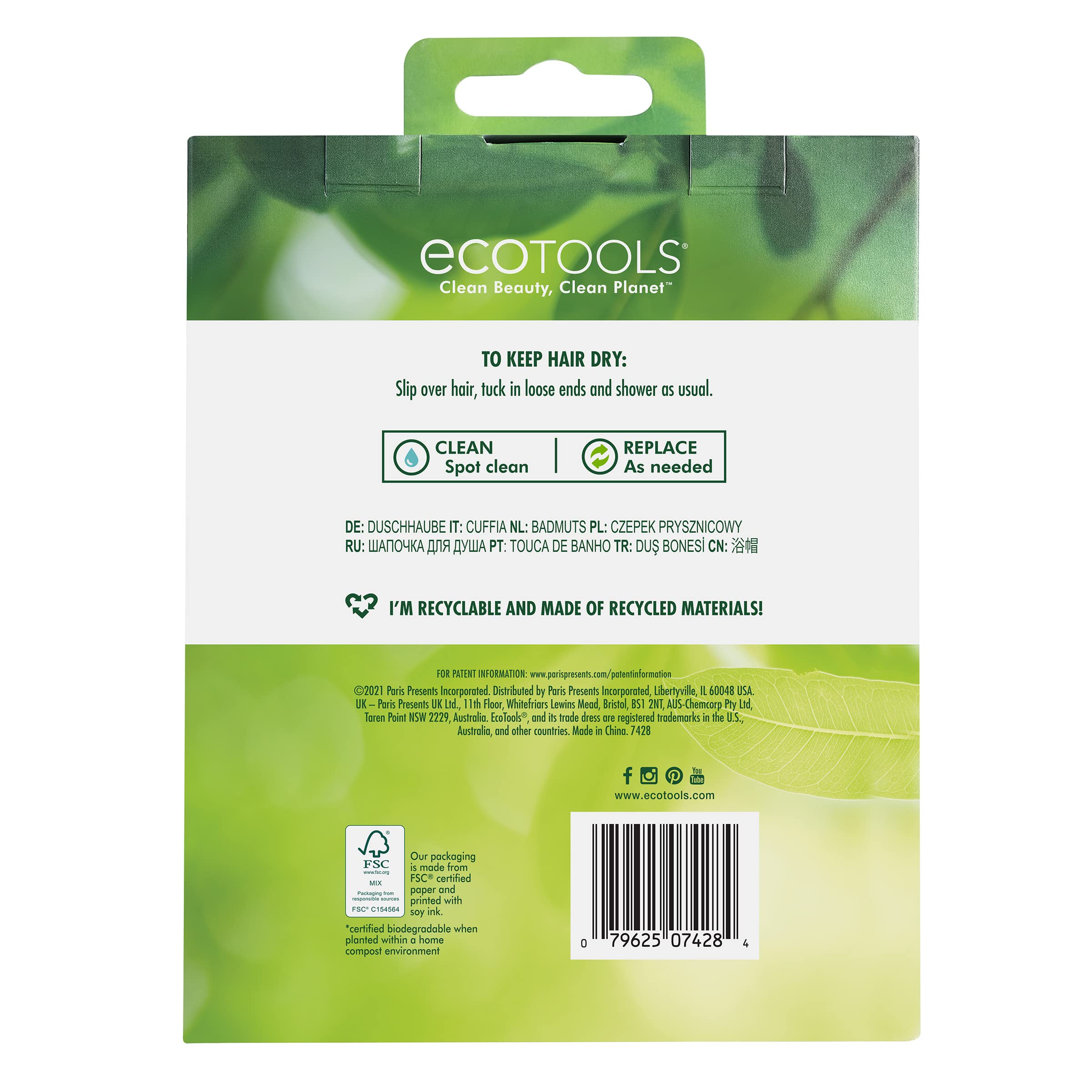 EcoTools Shower Cap, Organic Cotton Lining, Perfect For No-Wash Days, Fits All Head Sizes & All Hair Textures, Reusable & Waterproof, Protects Scalp, Eco-Friendly, Cruelty-Free, & Vegan, 1 Count