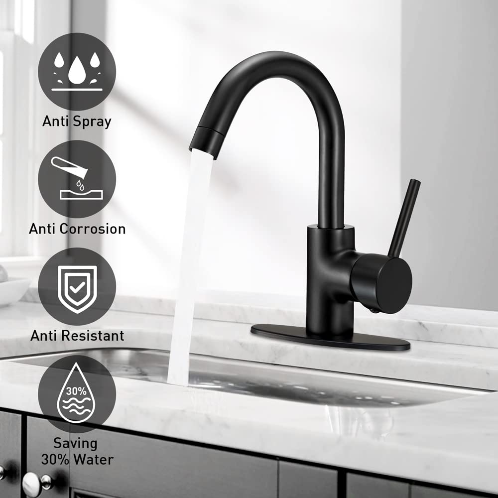 PHICHI Matte Black Bar Sink Faucet, Single Handle 1 Or 3 Hole Stainless Steel Gooseneck Faucets for Bathroom Outdoor with Hot & Cold Water Supply Lines
