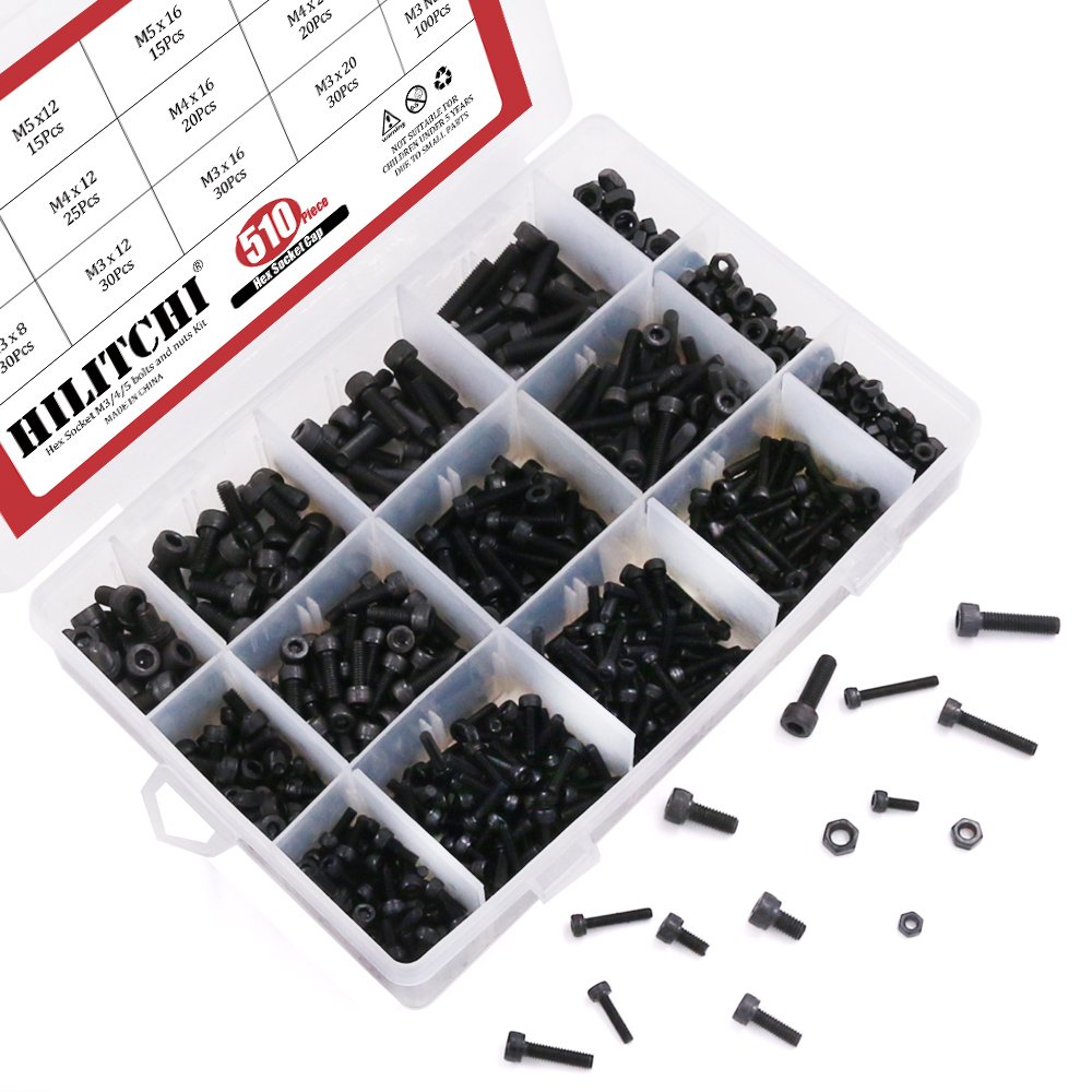 Hilitchi 510-Pcs M3 M4 M5 Alloy Steel Socket Cap Screws Hex Head Bolt Nuts Assortment Kit - 12.9 Grade Alloy Steel (Hex Socket)
