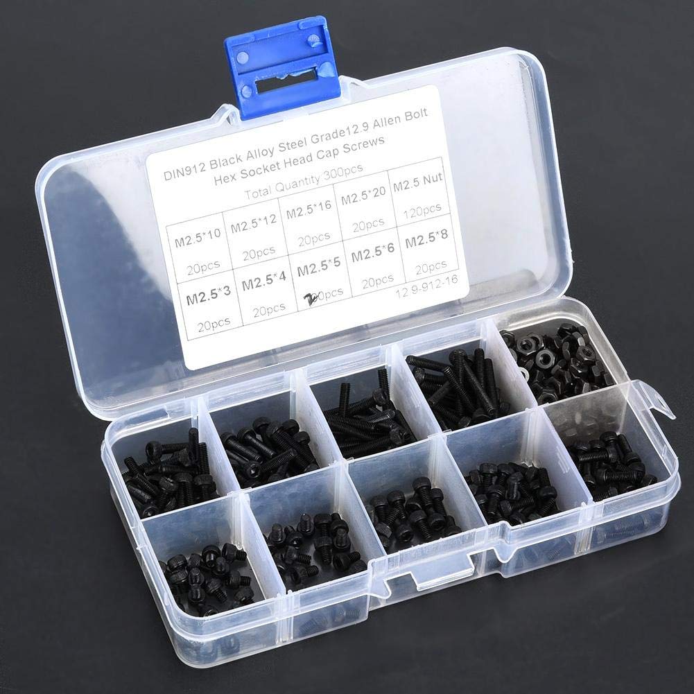 M2.5 x 3-20mm Alloy Steel Socket Head Screws, Black Screw Bolt with Nut, 300Pcs Socket Head Cap Screw Fastener for Professionals Amateurs