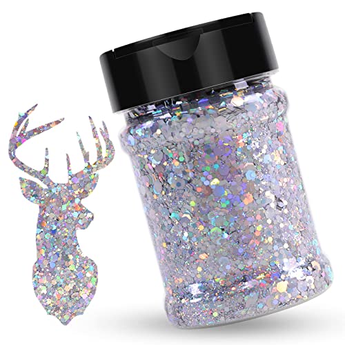 HTVRONT Holographic Chunky Glitter, 100g Silver Chunky Glitter for Resin, 3.53oz Iridescent Glitter Chunky Mixed with Fine Glitter, Shaker Cap Chunky Glitter for Tumbler, Nail, Makeup Craft Glitter