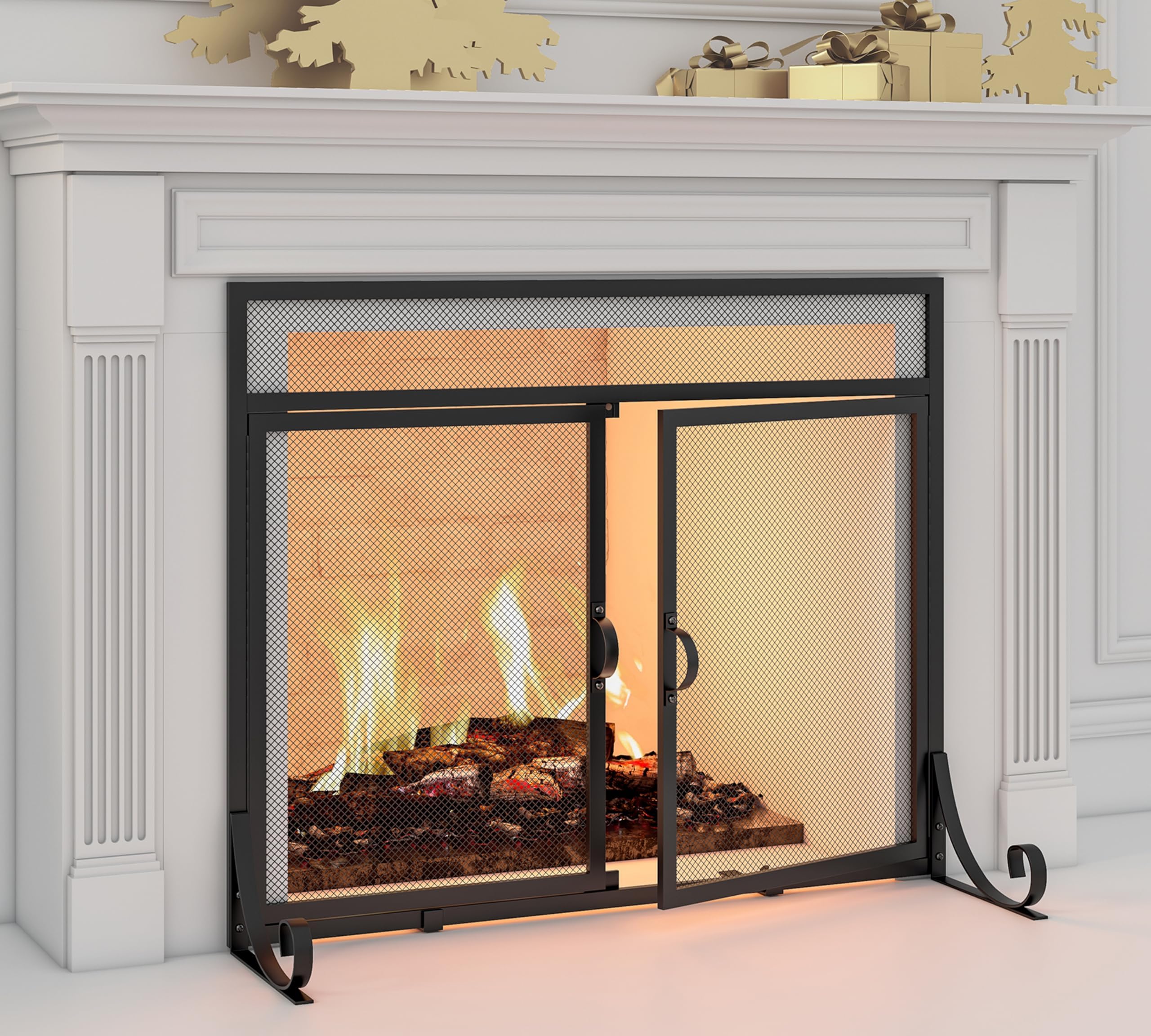 Calidola Flat Fireplace Screen with Doors,Solid Wrought Iron Frame with Metal Mesh, Flat Panel Decorative Fireplace Screen with Modern Design, Free Standing Spark Guard