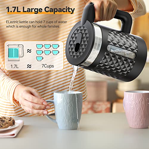Electric Kettle, 1.7L Hot Water Kettles Upgraded One Wipe Clean Bottom, Quiet Water Boiler with LED Indicator, Glass Tea Kettles for Boiling Water, Auto Shut-Off & Boil-Dry Protection, Black