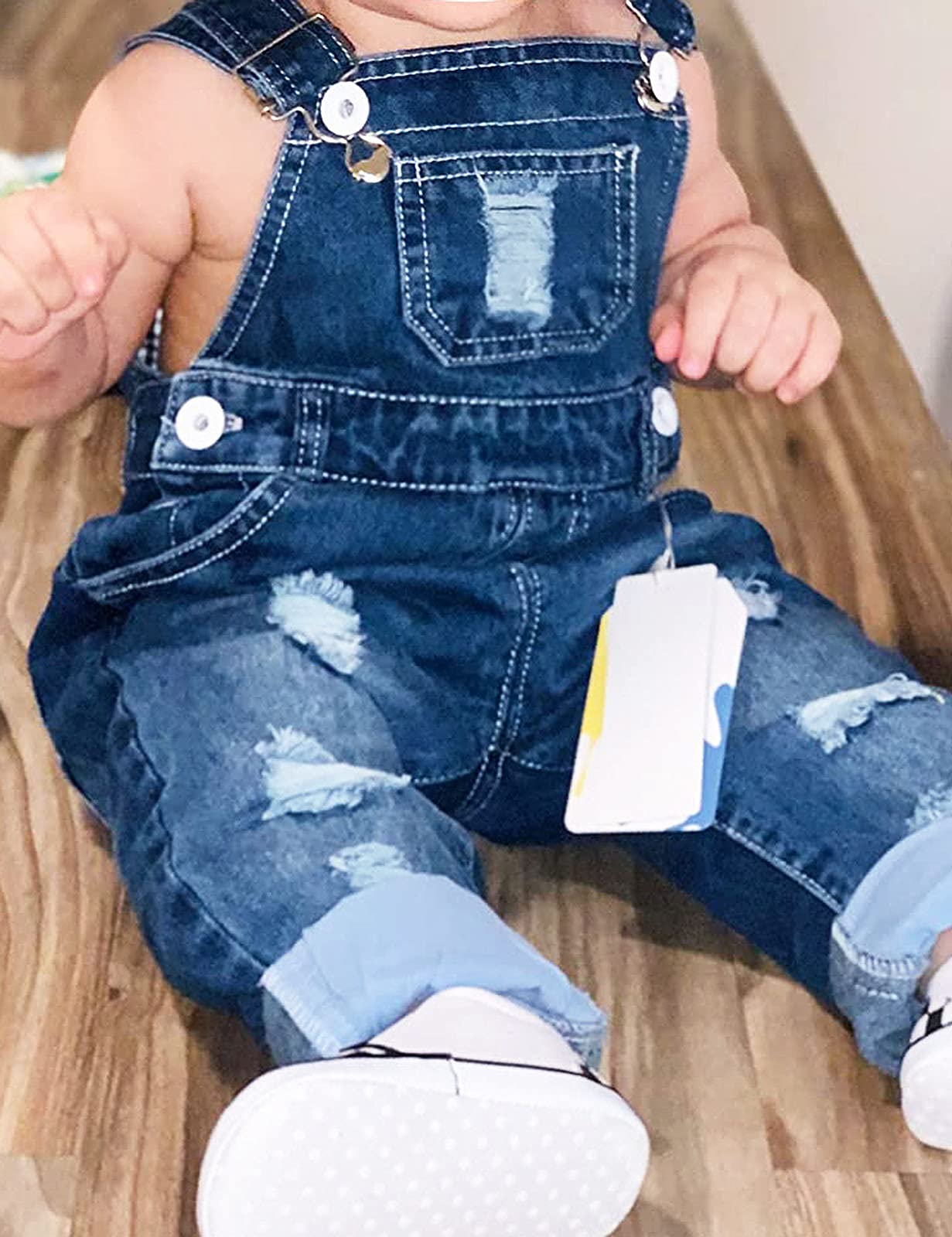 KIDSCOOL SPACE Baby Little Child Cute Ripped Adjustable Straps Jean Overalls,Blue,6-12 Months