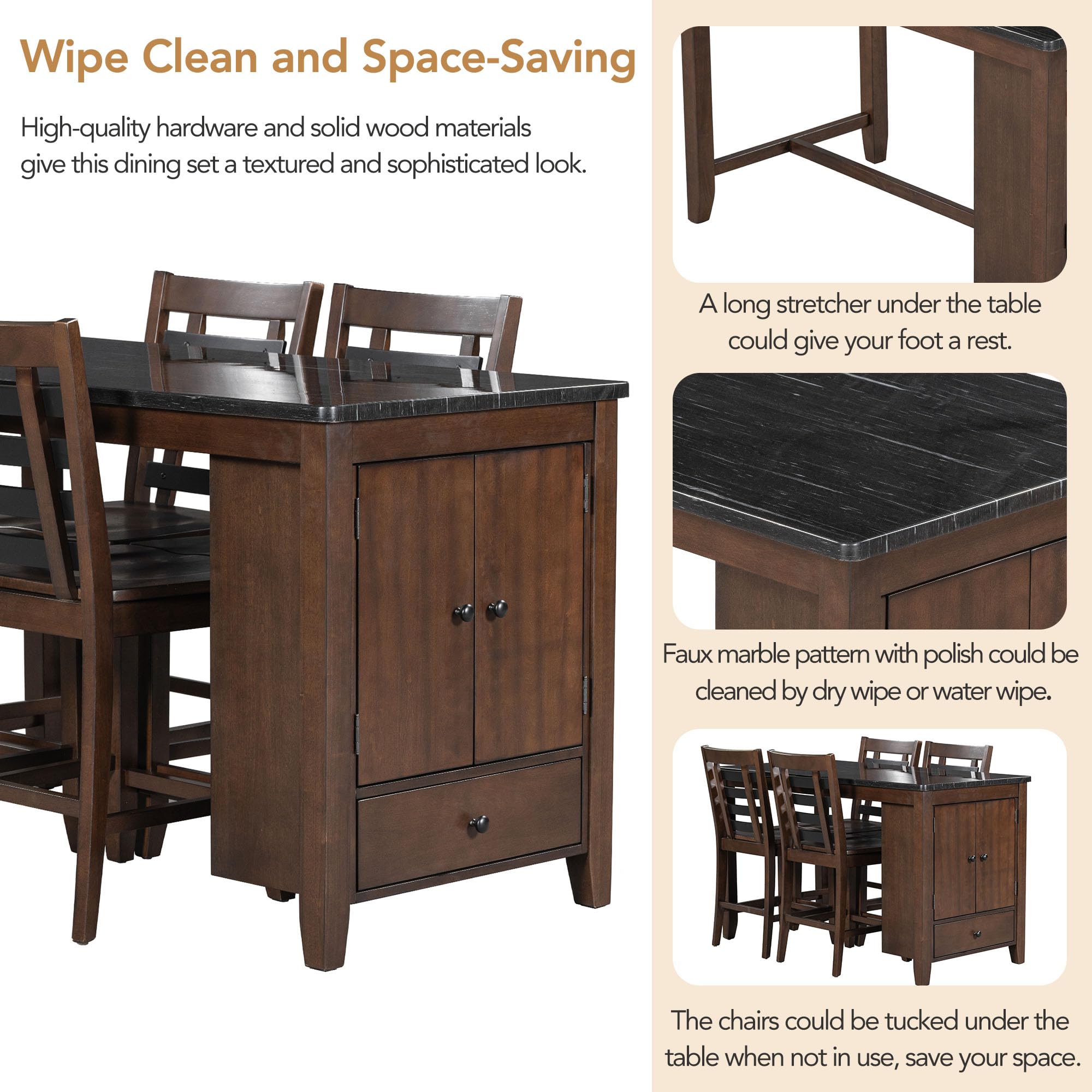 5-Piece Rectangular Dining Table Set with 4 Ergonomic Ladder Back Chairs, Side Cabinet for Storage and Faux Marble Tabletop, Kitchen Furniture w/ Lighter Trenches At Seat Top, for Family, Dark Walnut
