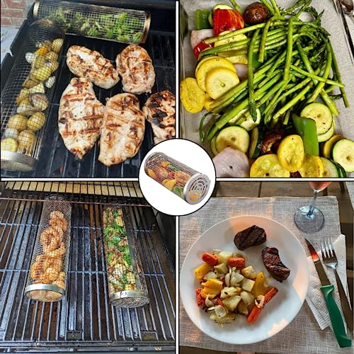 Grill Basket 2 PCS Rolling Grilling Baskets for Outdoor Grilling,Bbq Grill Grilling Basket Cylinder.Barbeque Stainless Steel Accessories for Fish, Shrimp, Meat, Vegetables, Fries (11.8 inch*2)