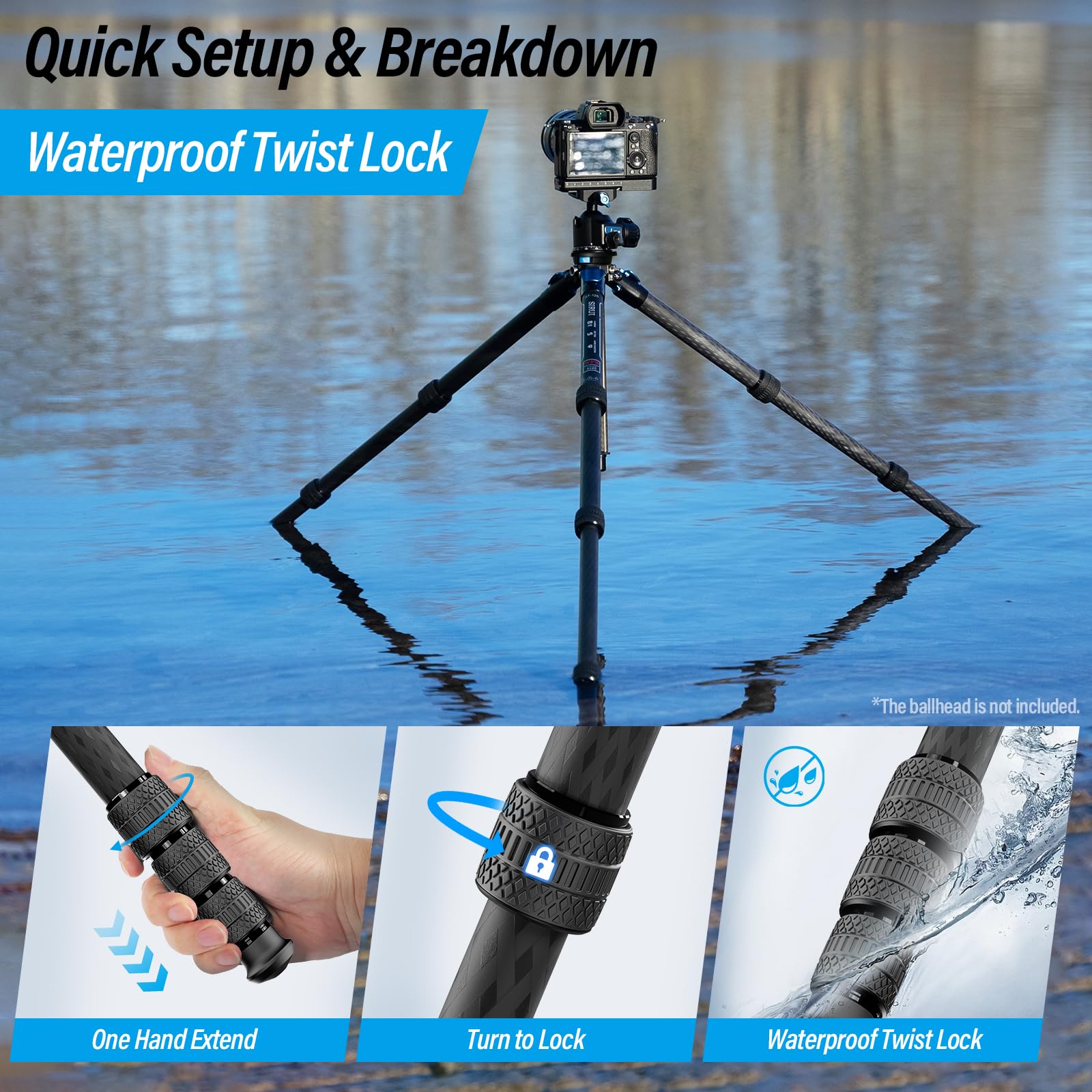 SIRUI AM-124 Carbon Fiber Tripod with Triangular Center Column, 62.6" Compact TravelTripod for Camera, 4 Sections, Waterproof Twist Lock, Load 26.5lbs
