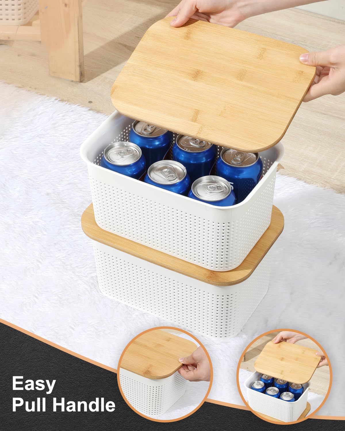 AREYZIN Plastic Storage Bins with Bamboo lids and Stackable Storage Baskets for Shelves - Organize Your Home or Office with These Space-Saving Storage Solution,6 Pack,White