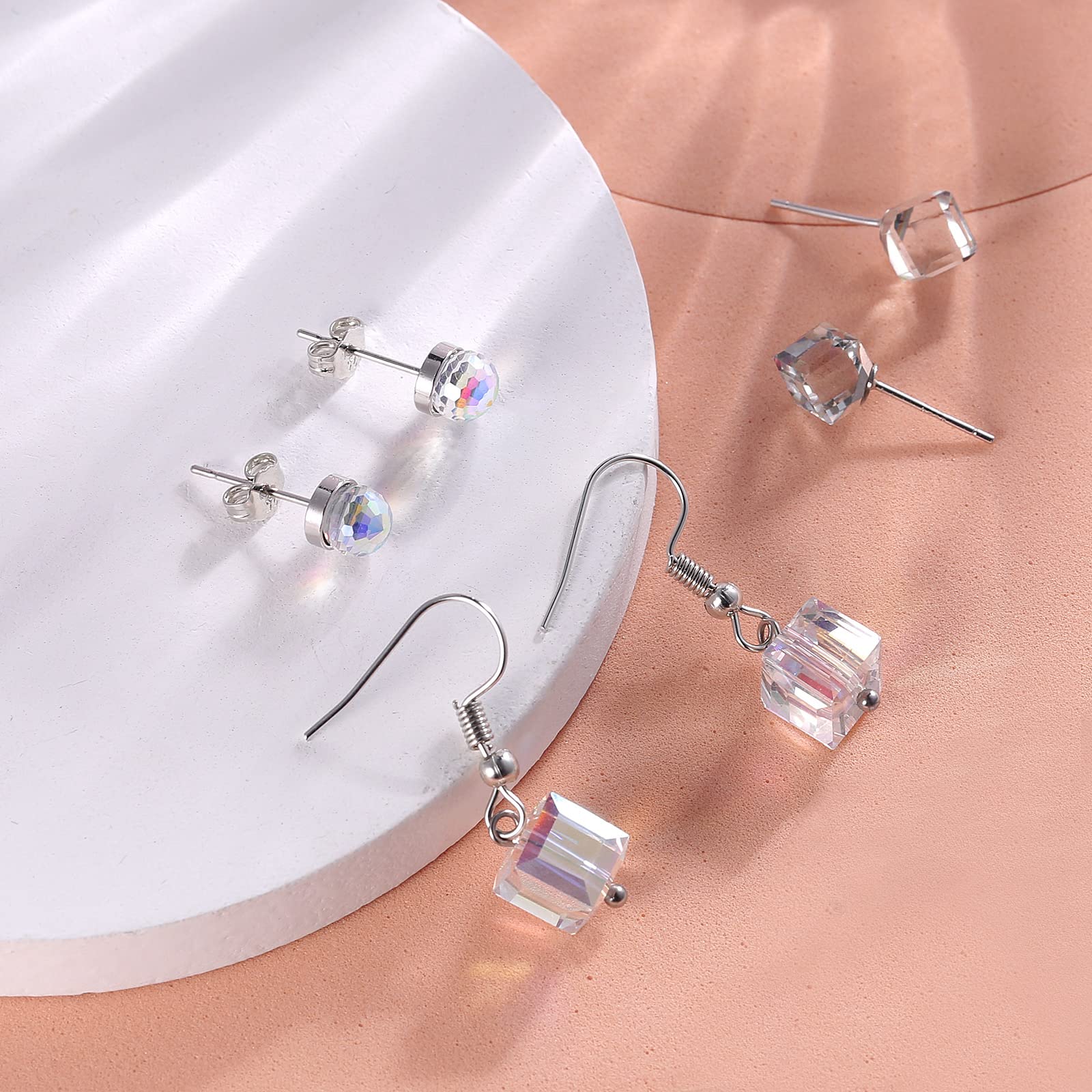 3Pairs Austrian Crystal Earrings for Women - ZEVER 925 Sterling Sliver Cube Ball Stud/Dangle Earrings Hypoallergenic Earring Set for Girls Valentine’s Gift