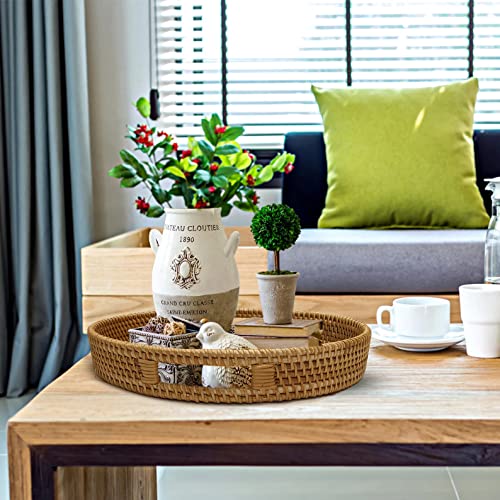 Decorative Coffee Table Tray | Farmhouse Boho Decor | Round Rattan Tray Basket | Wicker Serving Tray with Handles | Drink, Tray for Ottoman | Circle Round Tray | Fall Decor