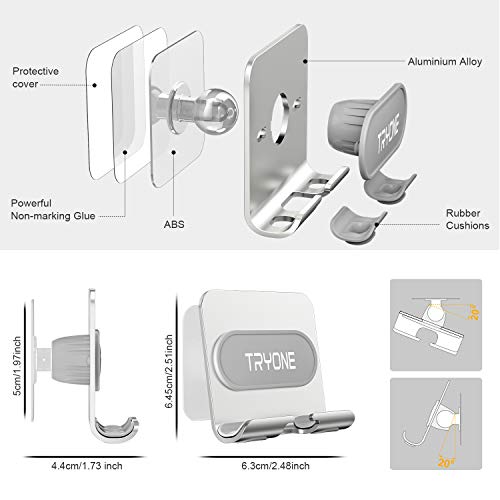 Wall Mount Cell Phone Holder - Mirror Adjustable Cellphone Stand with 2Pcs Adhesive Sticky Pads for Bathroom Bedroom Kitchen or Dorm, Compatible with iPhone Series or Other Smartphones