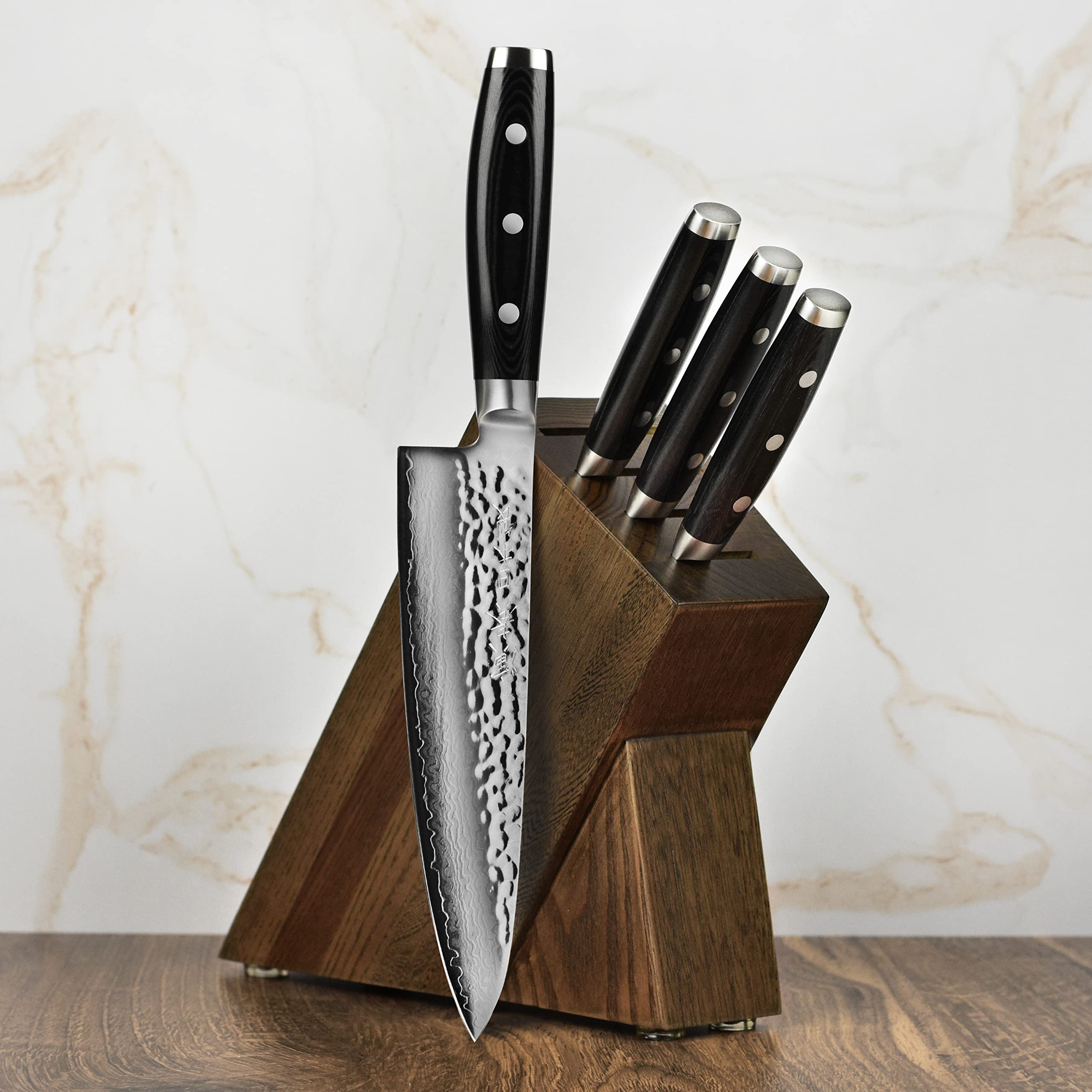 Enso Knife Set - Made in Japan - HD Series - VG10 Hammered Damascus Japanese Stainless Steel with Slim Knife Block - 5 Piece