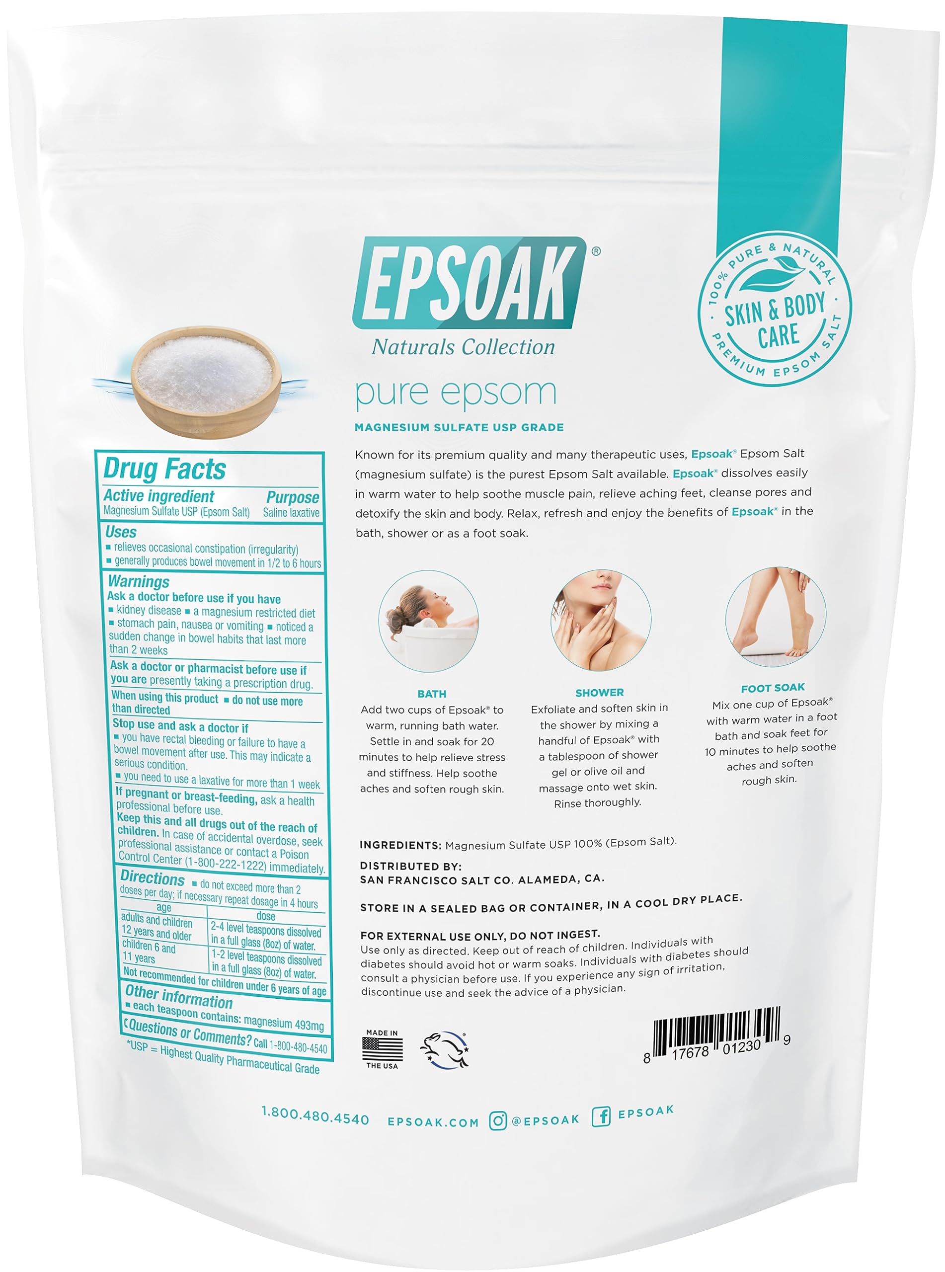 Epsoak Epsom Salt 2 lb. Magnesium Sulfate USP. (Qty. 1 x 2lb. Bags) Resealable Epsom Salt Bulk Bags Unscented, Made in The USA, Cruelty-Free Certified