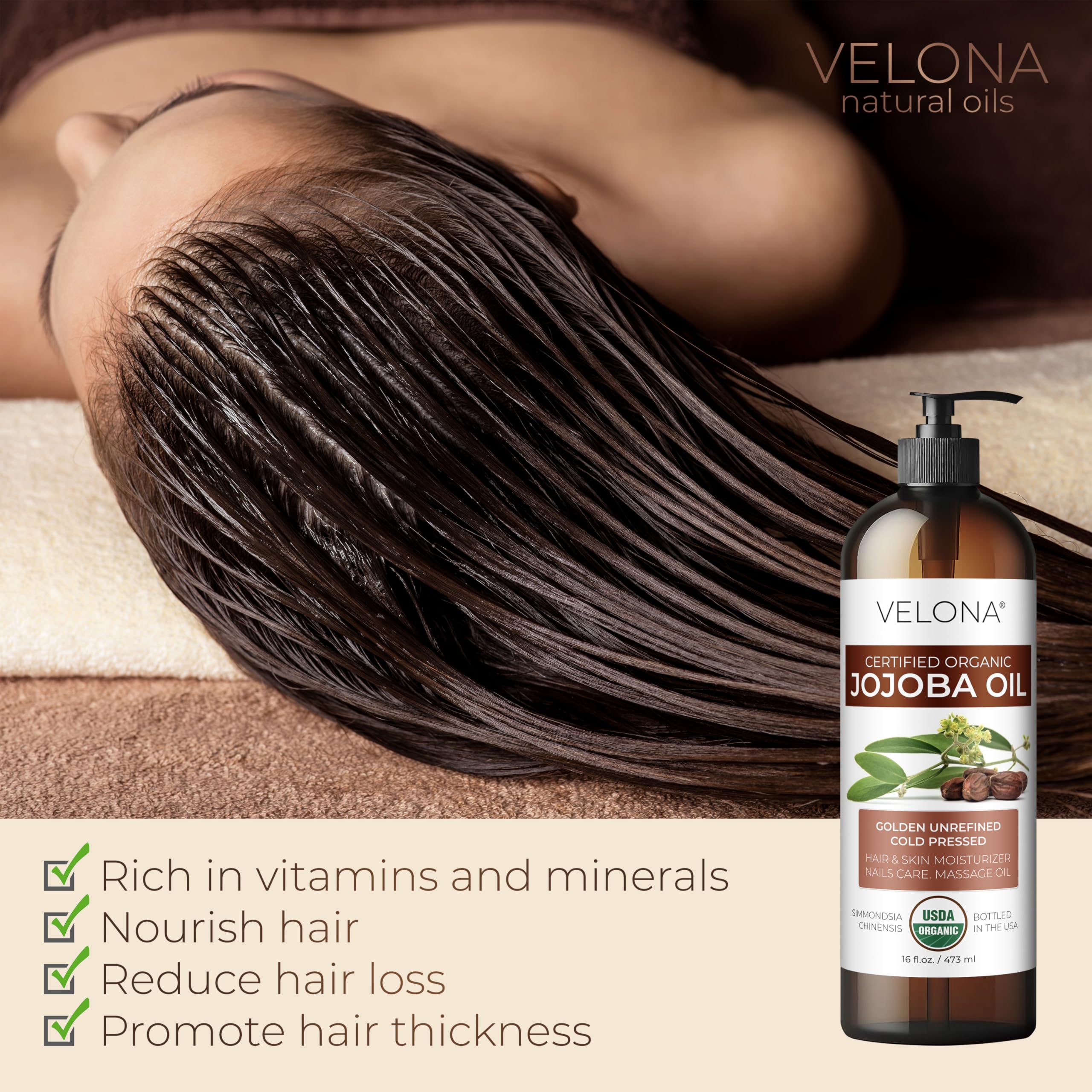 velona Jojoba Oil USDA Certified Organic - 16 fl oz (With Pump) | 100% Pure and Natural | Golden, Unrefined, Cold Pressed, Hexane Free