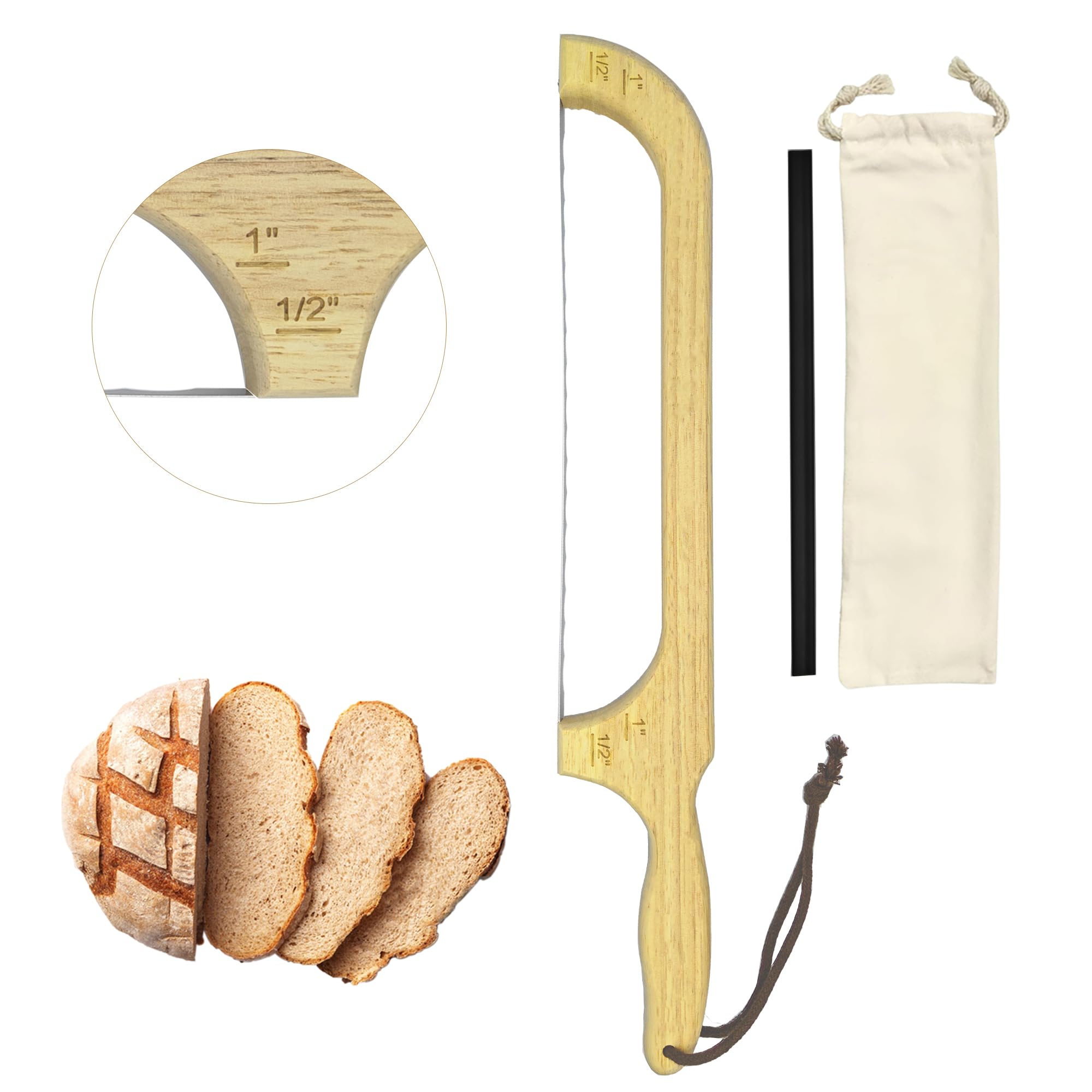 Arflo Wooden Bread Bow Knife - 16" Bread Bowl Knife - 420 Premium Stainless Steel Bread Saw with Protective Cover - Bread Knife for Homemade Bread - Sourdough Bread Knife