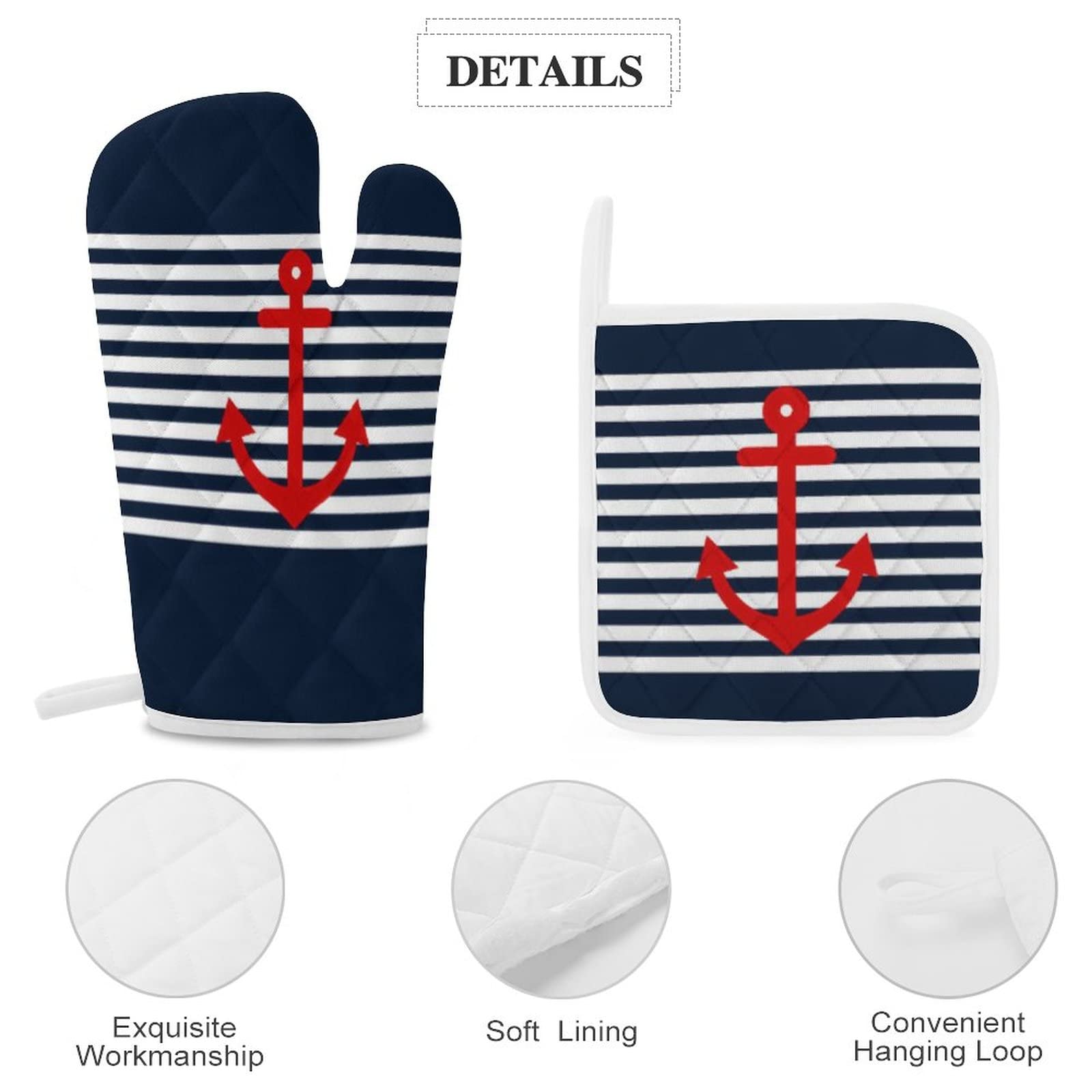 4PCS Oven Mitts Glove Kitchen Heat Resistant Pot Holders Set Navy Blue Nautical Kitchen Microwave Oven Gloves Mitts Anti-Scald Baking Cooking Gloves