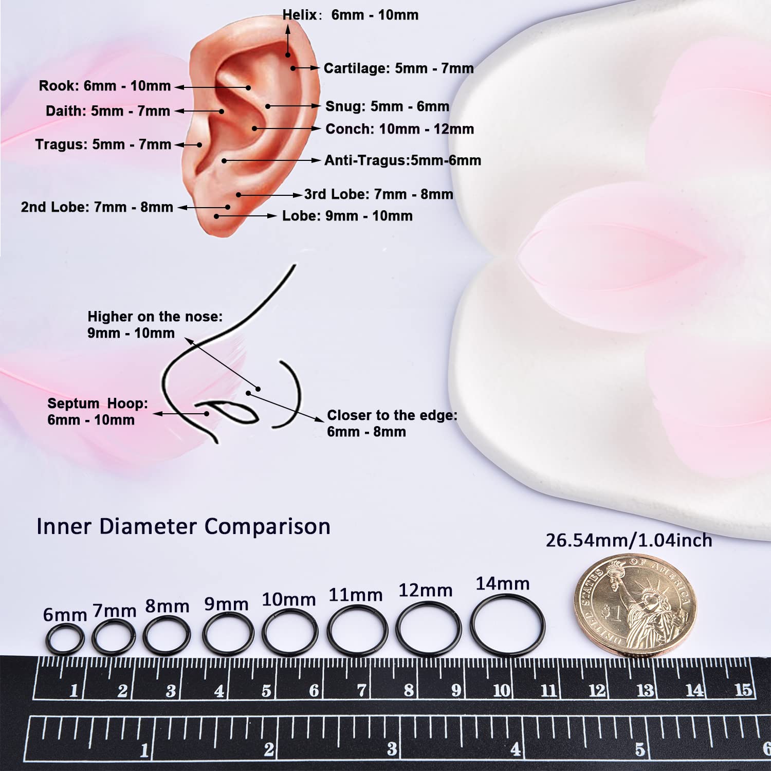 3Pcs 20g Nose Rings Set G23 Titanium Septum Rings Hinged Clicker Conch Cartlidge Earrings Hoop 6mm 8mm 10mm
