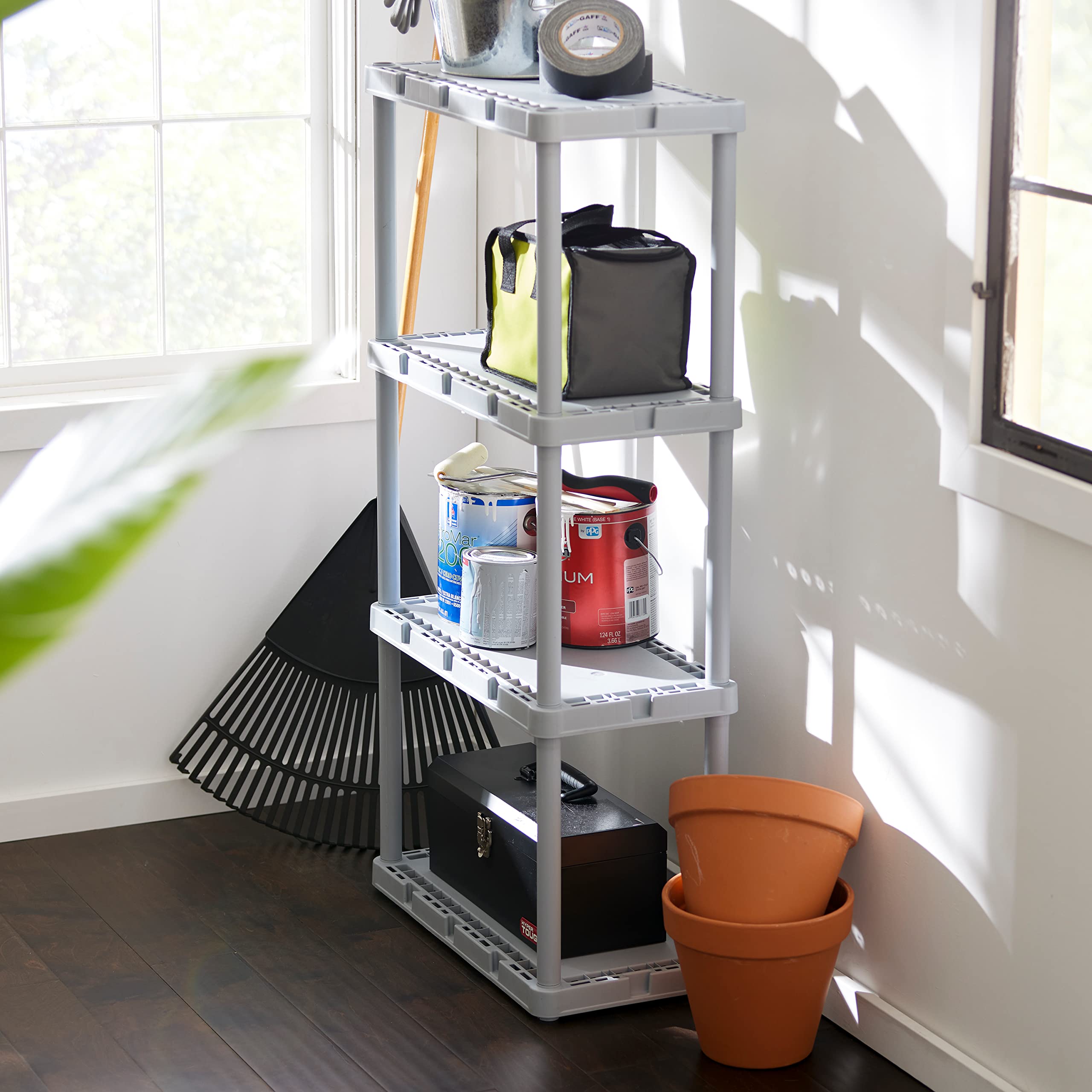 Gracious Living 4 Shelf Knect-A-Shelf Ventilated Light Duty Storage Unit Organizer System for Home, Garage, Basement, and Laundry, Gray.