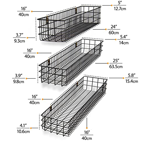 Wall35 Kansas Wall Mounted Black Bookshelf for Kids' Room Decor, Metal Wire Storage Basket Set of 3 (Varying Sizes)