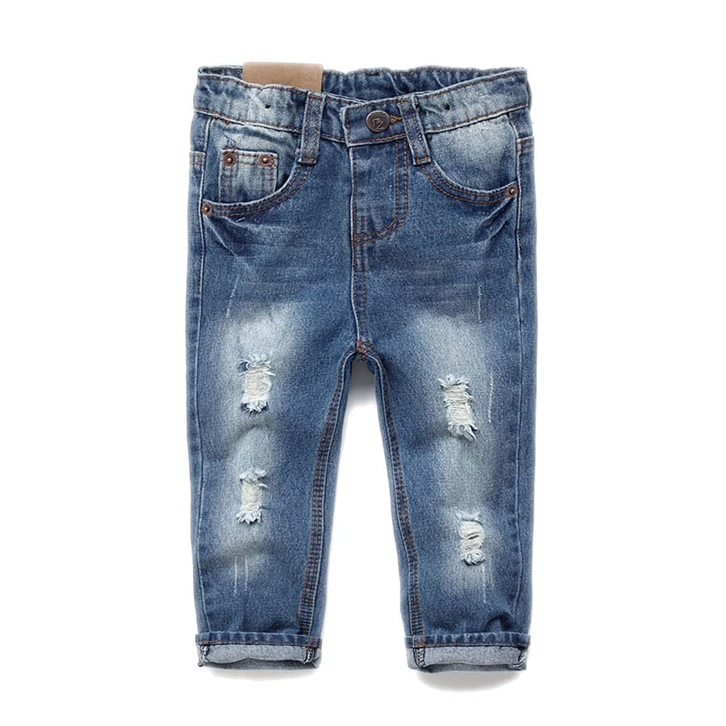 KIDSCOOL SPACE Baby Girl Boy Jeans,Little Kid Elastic Band Inside Ripped Denim Pants,Light Blue,18-24 Months