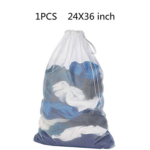 Large Mesh Drawstring Travel Laundry Bag Polyester White 1 Pack Durable,Reusable,Foldable,Heavy Duty Storage Hanging Apartment Commercial Wash Bag For Delicates Clothes,Dirty Garment,Socks,Blouse