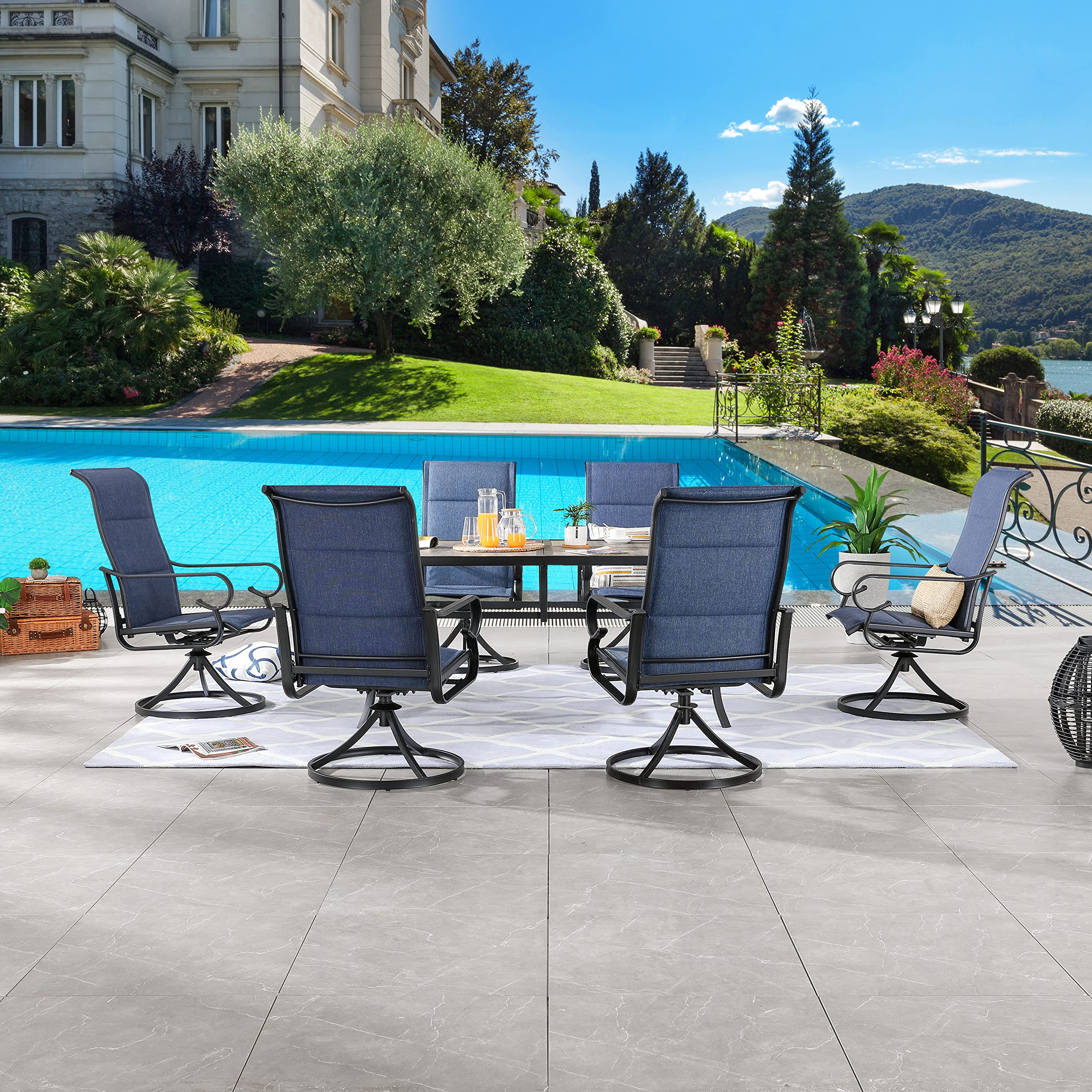 LOKATSE HOME Metal Swivel Outdoor Patio Dining Textilene Chair Bistro Set of 6, 6 PCS, Blue
