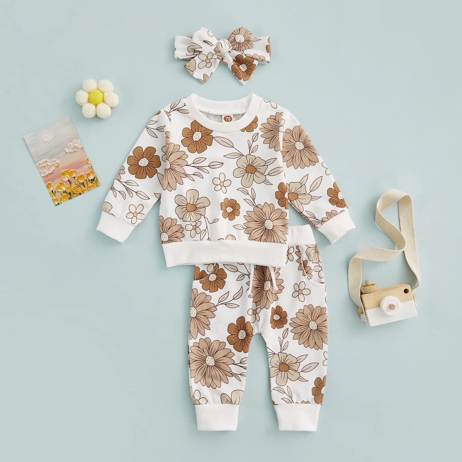 3Pcs Baby Girl Outfits Floral Sweatshirt + Pants + Headband Infant Fall Winter Clothes White 18-24 Months