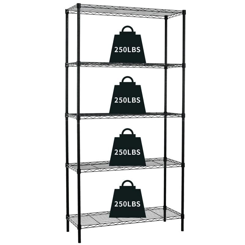5-Tier Storage Shelves Adjustable,Wire Shelving Heavy Duty Storage Rack(250 Lbs Loading Capacity/Shelf) Metal Shelf Organizer Wire Rack Shelf for Pantry Garage Kitchen 36" D x14 W x 72" H -Black