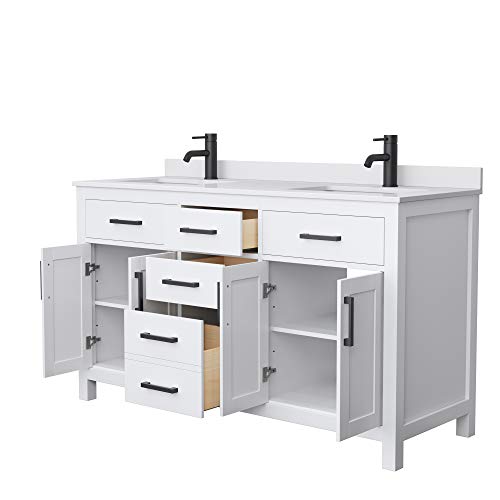Beckett 60 Inch Double Bathroom Vanity in White, White Cultured Marble Countertop, Undermount Square Sinks, Matte Black Trim