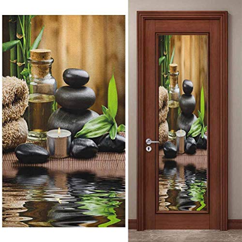 3D Self-Adhesive Door Sticker Murals Wall Stickers, Spa Zen Massage Stone Triplets with Her, for Home Office Renovation Decor Wallpaper, W35.4 x L78.7 Inch