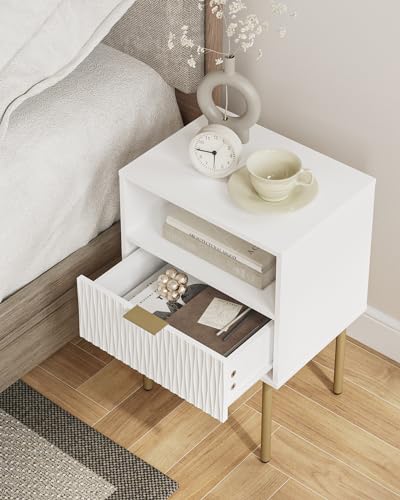 Aienvey Night Stand, Modern Bedside Table with Storage Drawer, Small Side Table with Open Wood Shelf, Bedside Furniture, Nightstand, End Table for Bedroom, Living Room, White