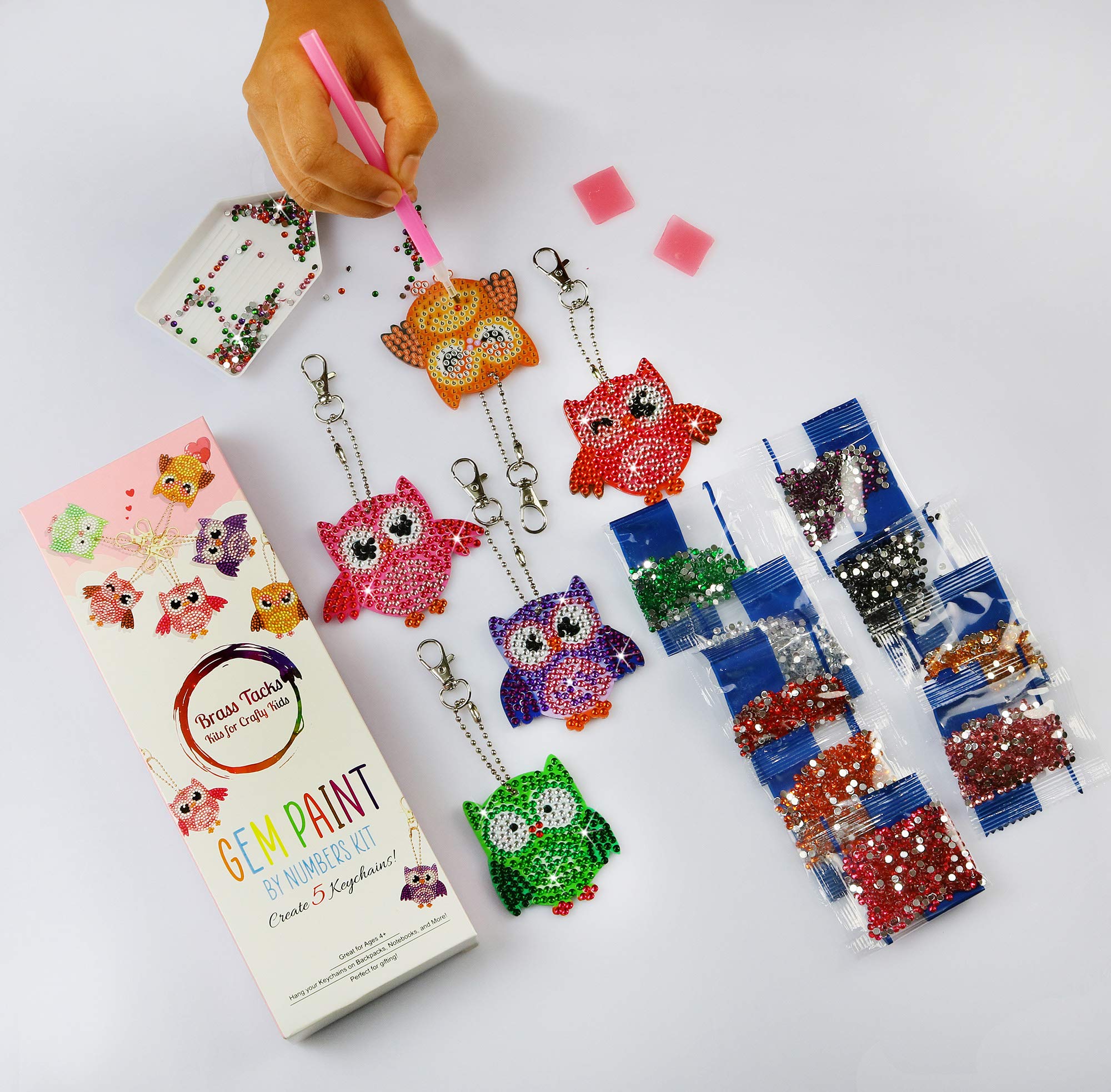 BRASS TACKS KITS FOR CRAFTY KIDS Gem Painting Kit- Make Your Own Keychains- Diamond Art Painting by Numbers (Owl)