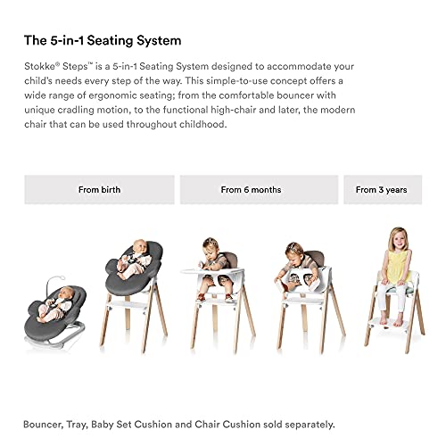 Stokke Steps High Chair - Hazy Grey Legs & White Seat - 5-in-1 Seat System - Includes Baby Set - Suits Babies 6-36 Months - Chair Holds Up to 187 lbs. - Tool Free & Adjustable
