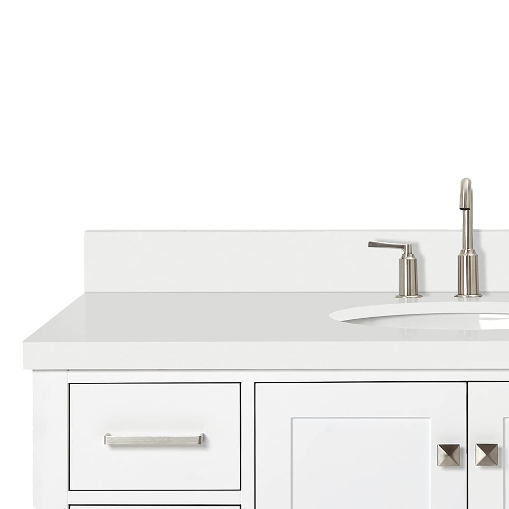 ARIEL 49" White Bathroom Vanity with 1.5" Edge Pure White Quartz Countertop & Backsplash, Center Oval Sink, 2 Soft Closing Doors, 9 Full Extension Dovetail Drawers, Brushed Nickel