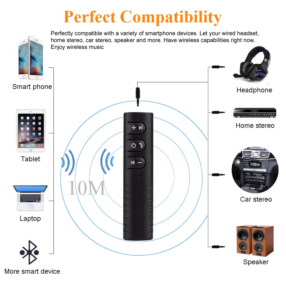 Bluetooth V5.0 Output Audio Receiver, KINDRM Mini Wireless 3.5mm Jack Aux Adapter Portable for Headphones, Speakers, Car/Home Stereo System(Black)