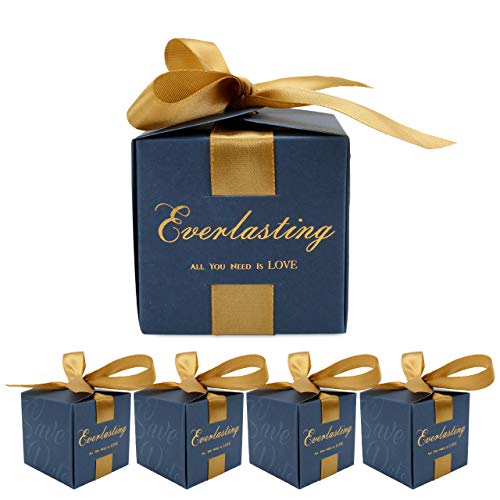 Yoption 50pcs Wedding Party Favor Boxes, Navy Blue Wedding Birthday Candy Boxes, Chocolate Treat Gift Boxes with Ribbon for Wedding Bridal Baby Shower Birthday Party Decoration, 2.5X2.5 X2.5 inches