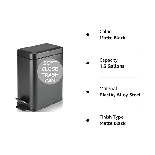 Soft Close, Rectangular Trash Can 5L with Anti - Bag Slip Liner and Lid, Use as Mini Garbage Basket, Slim Dust Bin, or Decor in Bathroom, Restroom, Kitchen, or Bedroom (5L / 1.3 Gallon, Matte Black)
