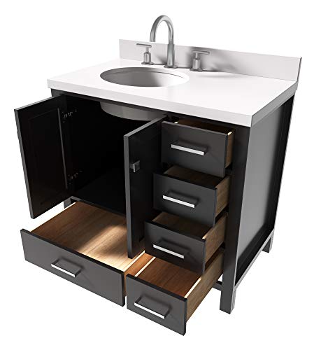 ARIEL Bathroom Vanity 37" Inch in Espresso with Pure White Quartz Counter-top, Left Offset Oval Sink, 2 Soft Closing Doors and 5 Full Extension Dovetail Drawers, No Mirror