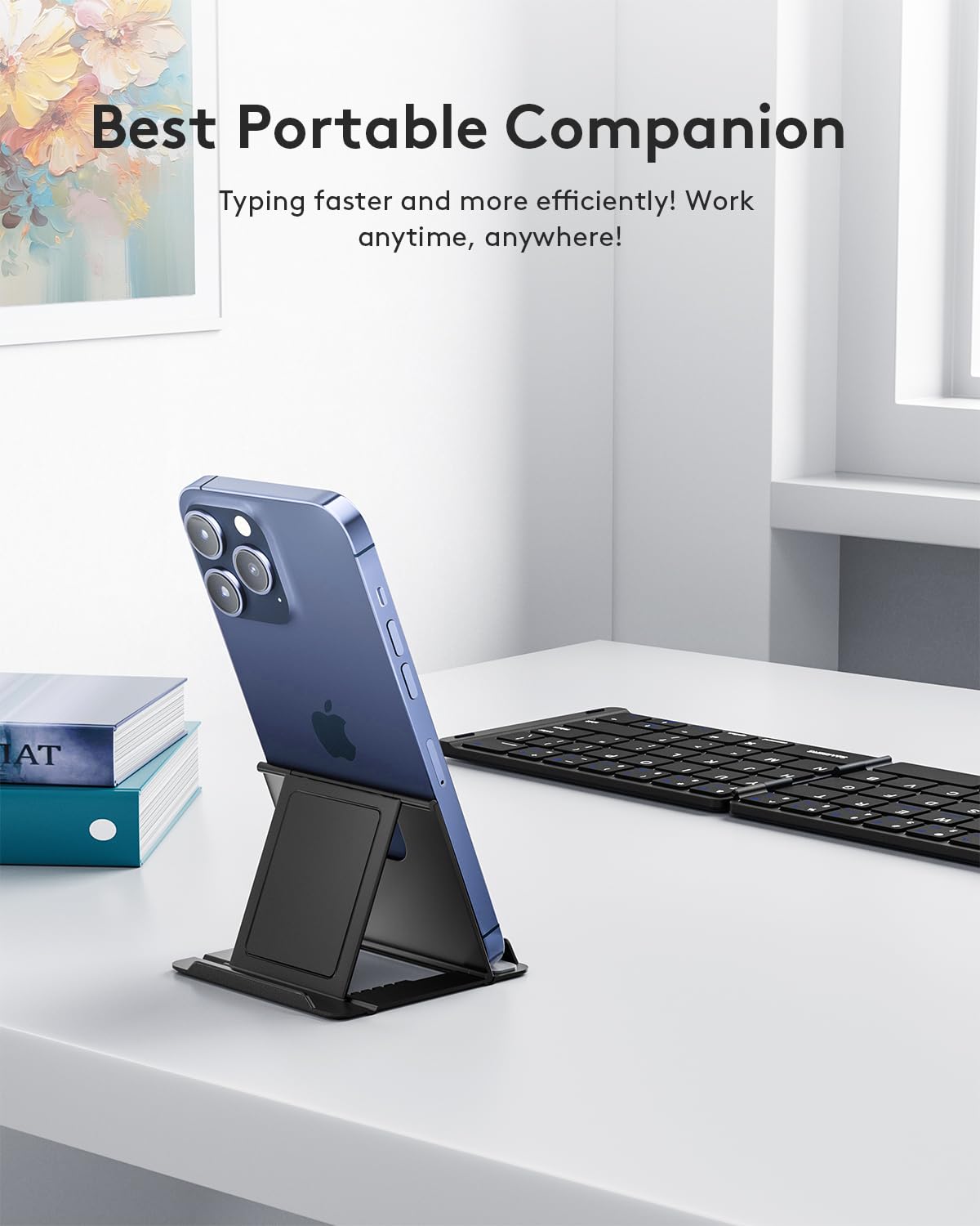 Samsers Foldable Bluetooth Keyboard - Portable Wireless Keyboard with Stand Holder, Rechargeable Full Size Ultra Slim Keyboard Compatible IOS Android Windows Smartphone Tablet and Laptop-Black