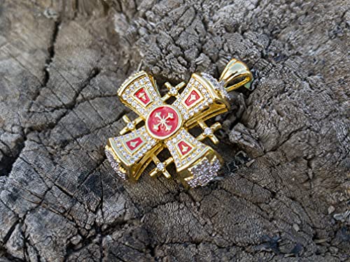 Nazareth Store Crusaders Jerusalem Cross Pendant Necklace Gold Plating 18k Enamel Crystallized Stones 1.3" (Red)