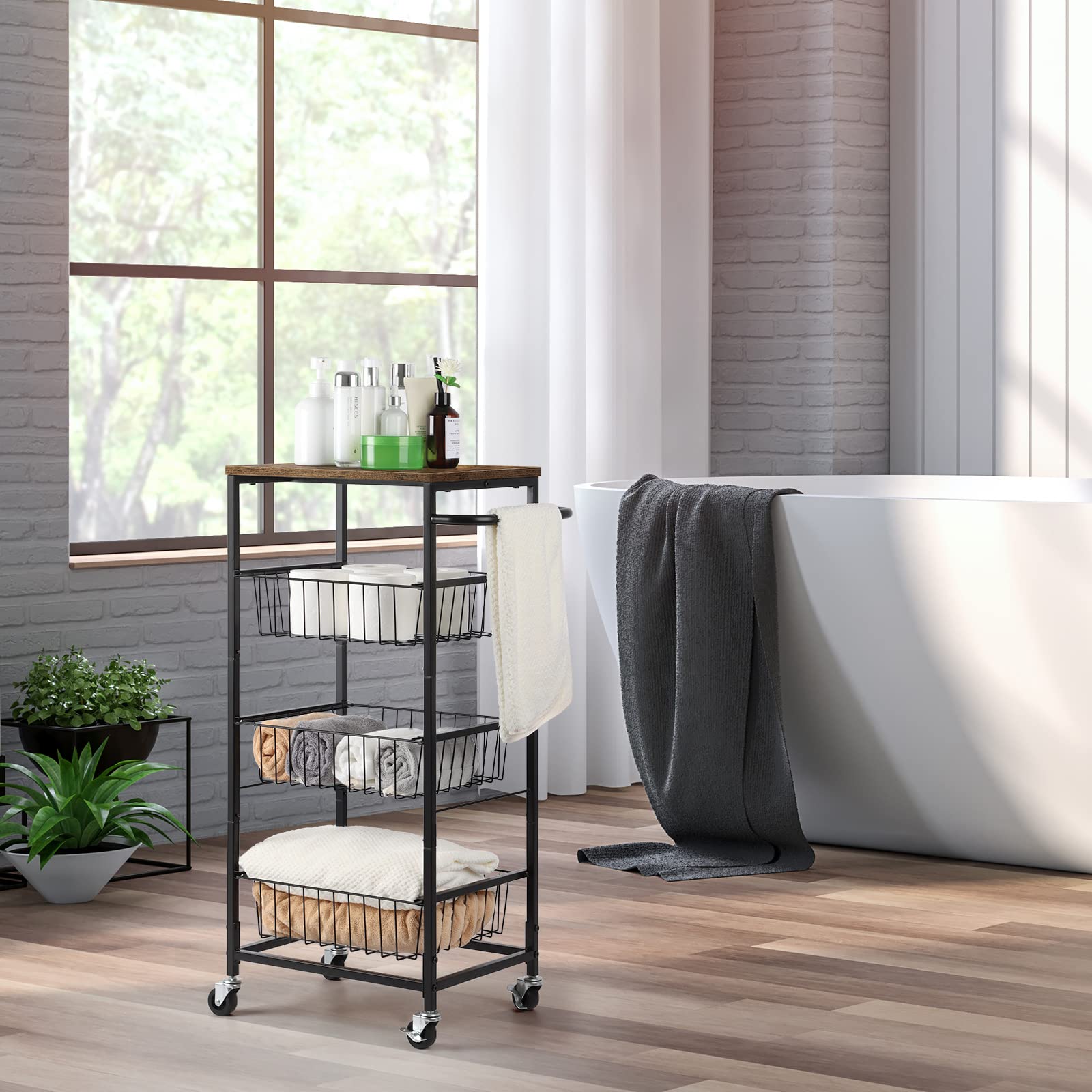 smusei Kitchen Cart on Wheels 4 Tier Metal Moveable Kitchen Cart with Storage Rolling Utility Storage Cart with Pull Out Baskets for Home, Bathroom, Pantry
