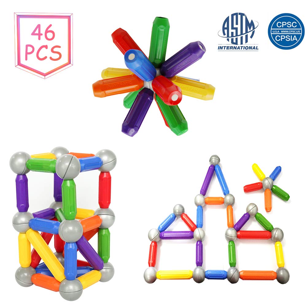 Bmag 46 PCS Magnetic Balls and Rods Set, Magnet Building Sticks Set, Building Blocks Tiles, STEM Stacking Toys for Kids,Juniors,Toddlers