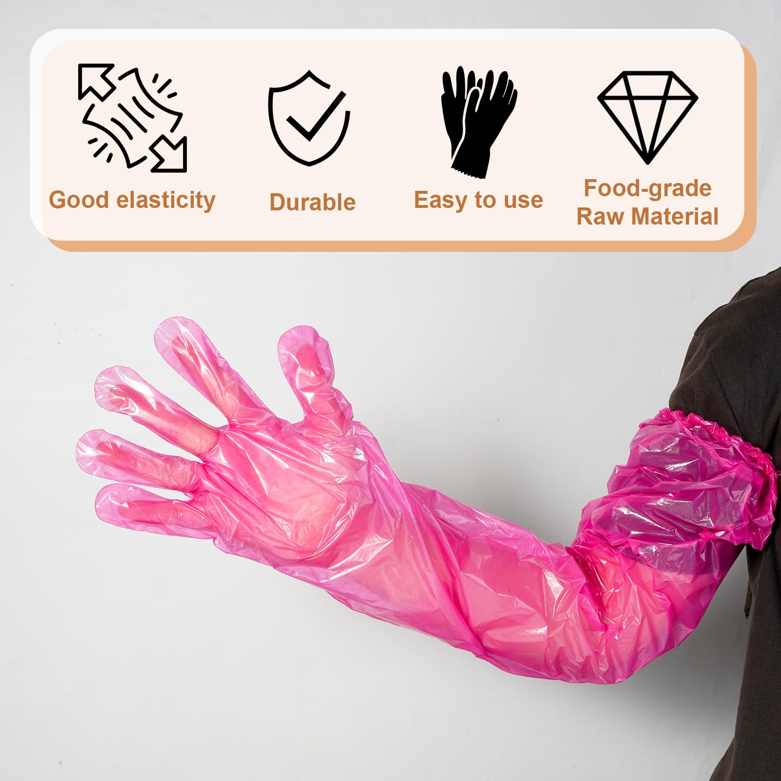 50pcs Disposable Long Plastic Gloves Full Arm Long Sleeve Gloves Veterinary Field Dressing Gloves Extra Long Sleeve Gloves for Veterinary Insemination House Cleaning Gardening(pink)