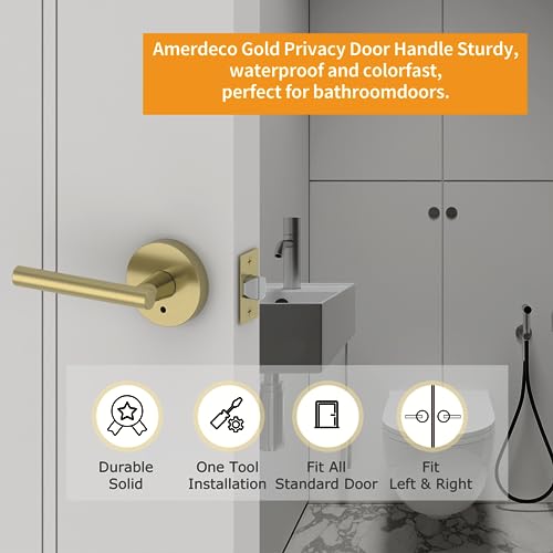 Amerdeco 2 Pack Gold Interior Privacy Door Handles, Heavy Duty Interior Bedroom Brushed Brass Door Lever, Door Handles Interior for Bathroom