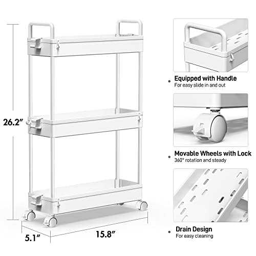 SOLEJAZZ Slim Storage Cart, 3 Tier Bathroom Cart Organizer Mobile Shelving Unit Rolling Utility Cart, Slide Out Organizer for Kitchen, Bathroom, Laundry, Narrow Places, White