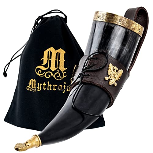 Mythrojan THE BIRD OF PREY Viking Drinking Horn with Brown Leather holder Authentic Medieval Inspired Viking Wine/Mead Mug – Polished Finish