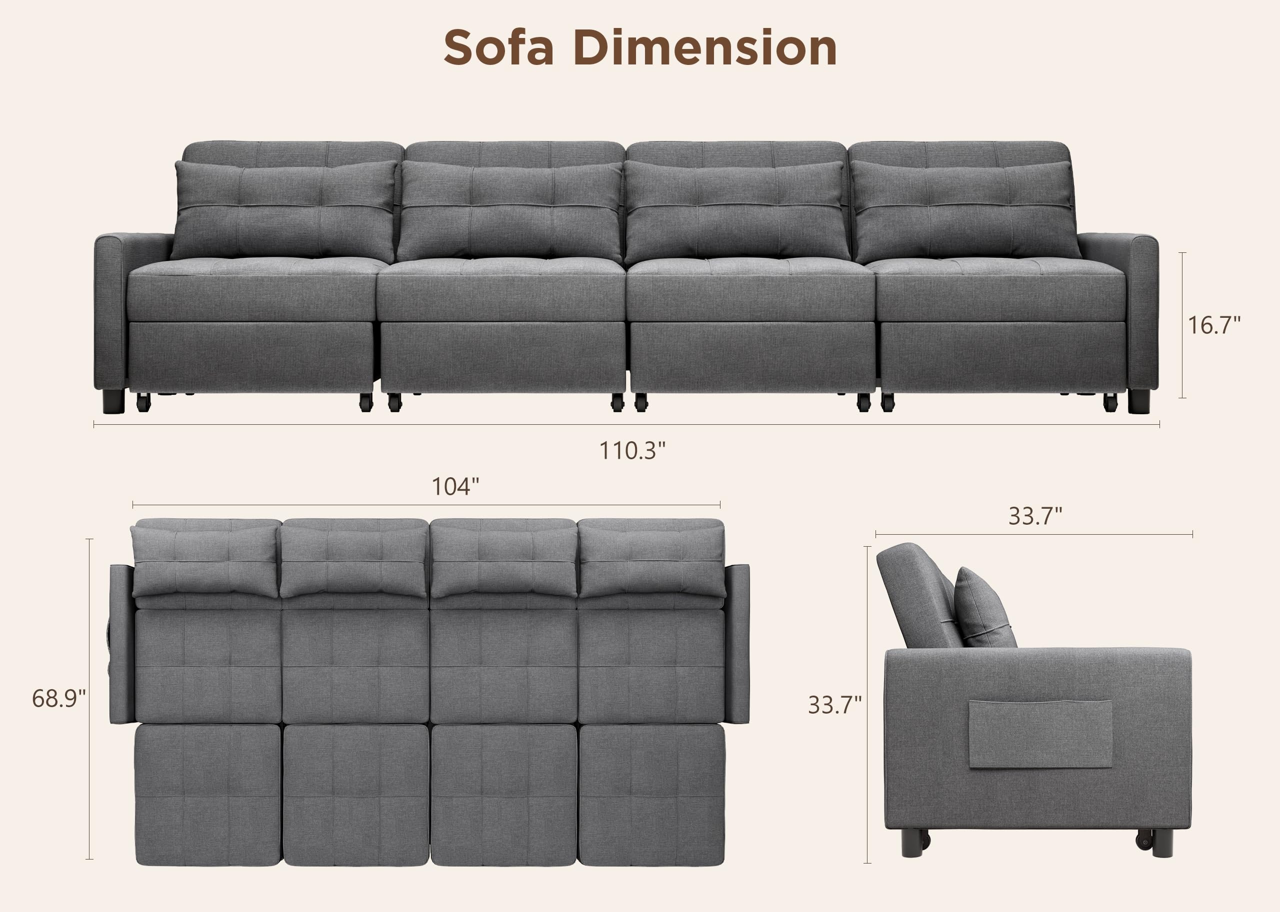 Aiho Pull Out Couch - 4-Seater Sectional Sleeper Sofa, Convertible with Adjustable Backrest & Spring Support for Living Room, Dark Grey