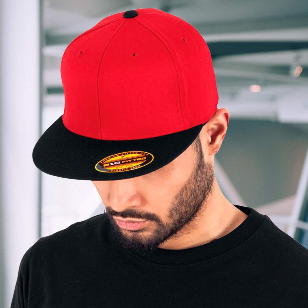 6 Panel Flat Bill Cap, Flexfit, 2-Color Crown Bill & Accents, Red/Black - Large/X-Large.